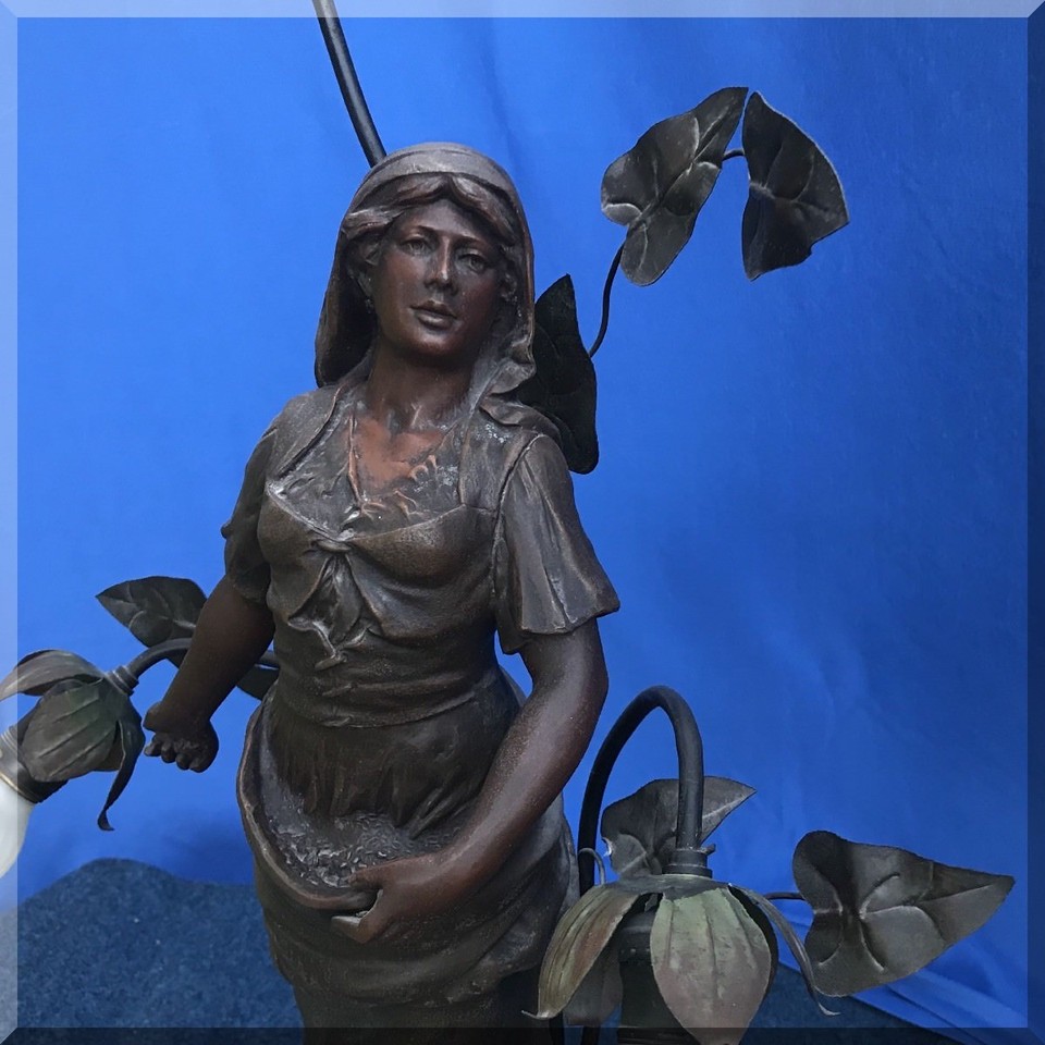 ANTIQUE SPELTER SIGNED FIGURAL ART NOUVEAU 3-LIGHT FRENCH SEMEUSE ...