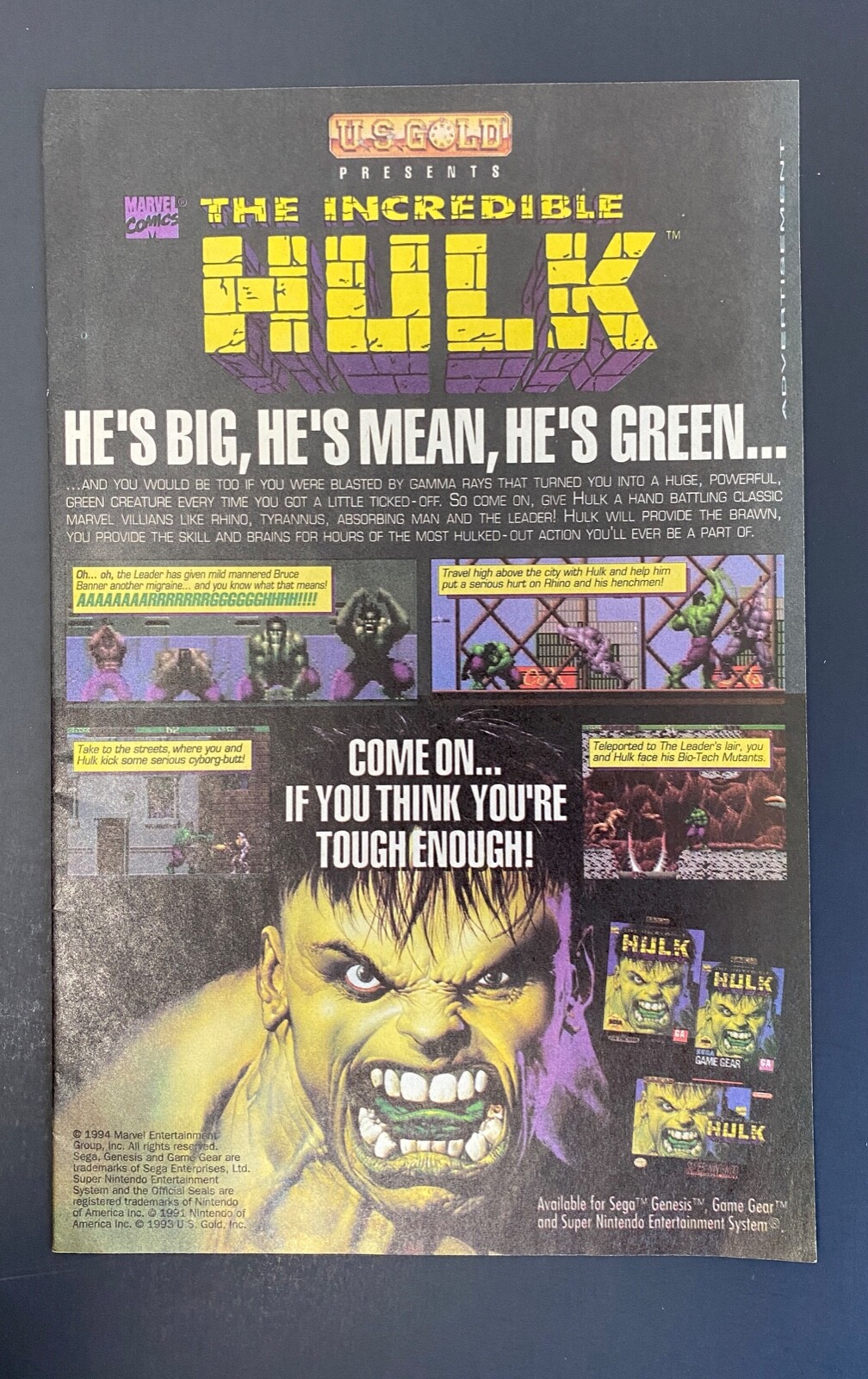 1994 Video Game Print Ad - INCREDIBLE HULK - HE'S BIG...- SNES GENESIS ...
