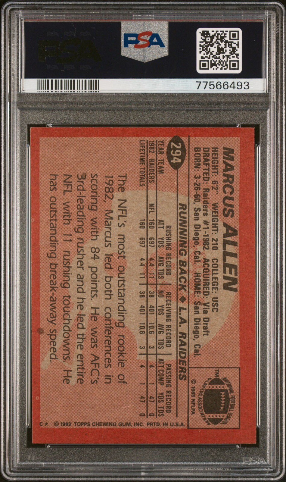 1983 Topps Marcus Allen Autographed RC PSA 8 DNA AUTO 10 Raiders ...