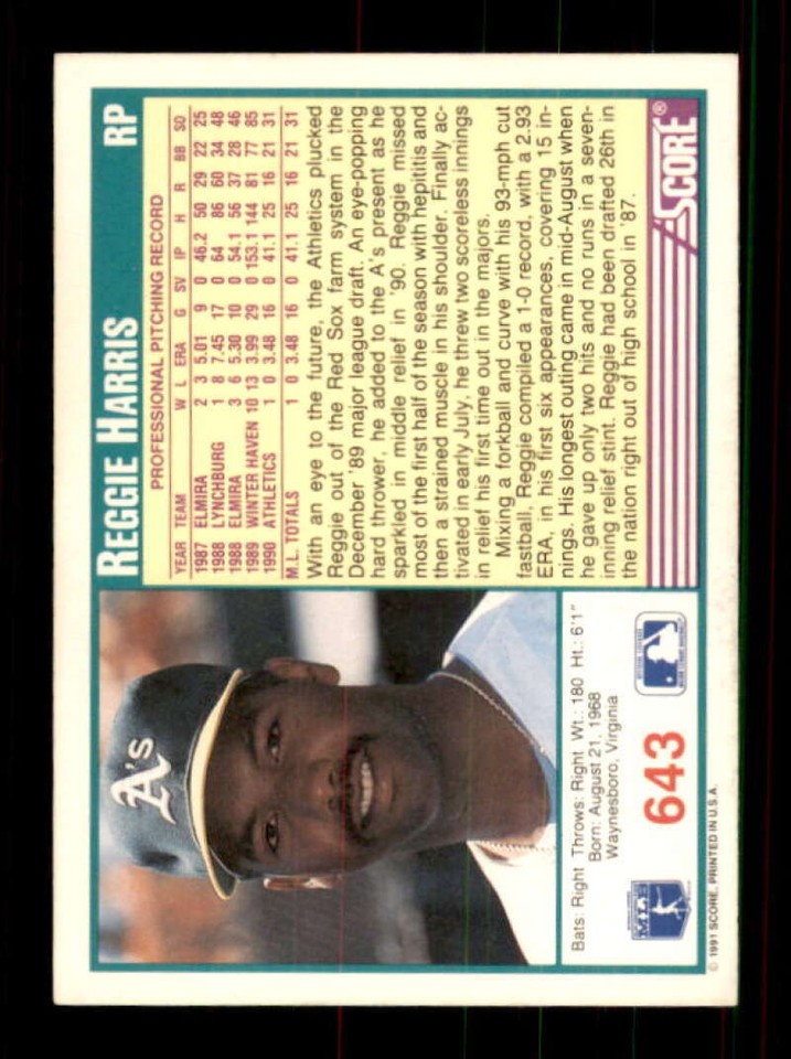 1991 Score #643 Reggie Harris AUTOGRAPHED!!! Athletics UER 237010 | eBay