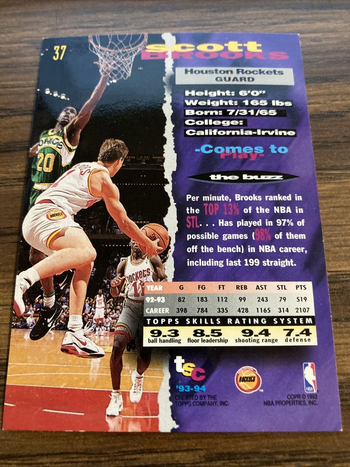 1993-94 Topps Stadium Club Scott Brooks Houston Rockets Guard #37 | eBay
