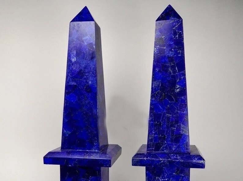 12" two piece Marble Obelisk blue Lapis Lazuli Pietra Dura Mosaic Inlay ...