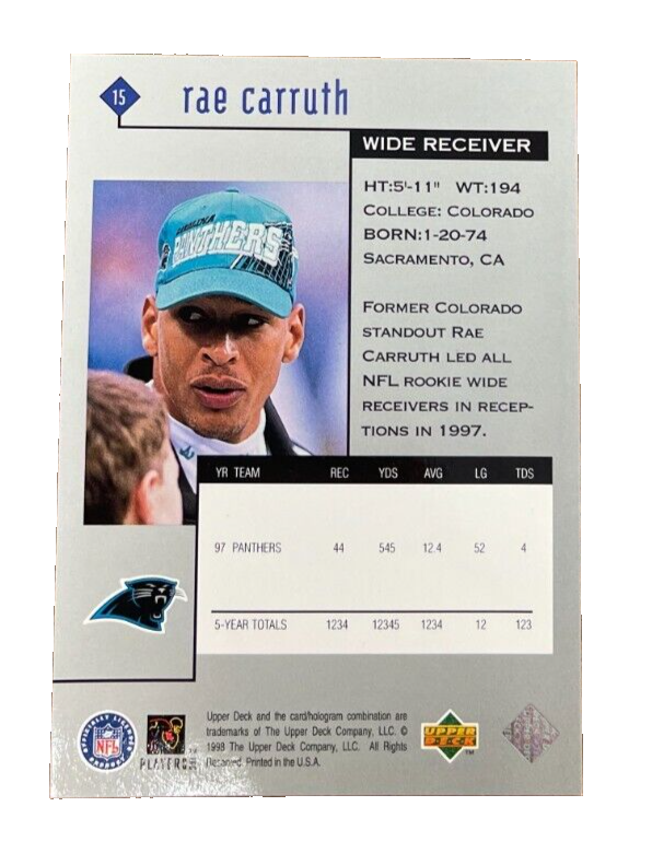 1998 UPPER DECK BLACK DIAMOND CARD # 15 Rae Carruth - Carolina Panthers ...