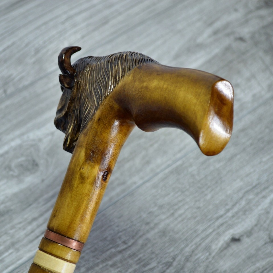 Cane Walking Stick Wooden carved Handmade - Buffalo, Bison | eBay
