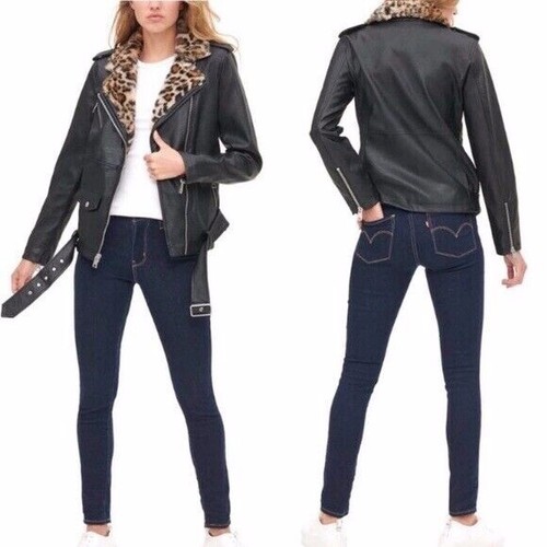 M Levi's Black Faux Leather Faux Leopard Fur Collared Moto Biker Jacket ...