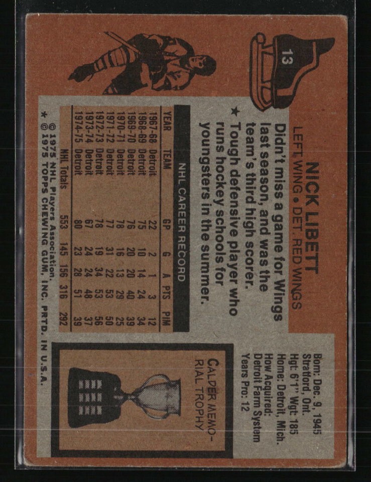 Nick Libett 1975 Topps #13 Hockey Card | eBay