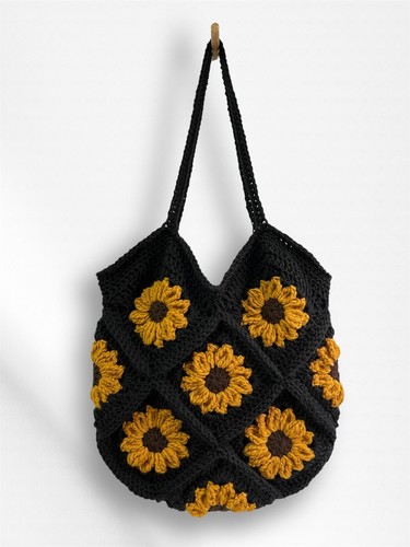 Sunflower Crochet Tote Bag, Granny Square Bohemian Bag Handmade black ...