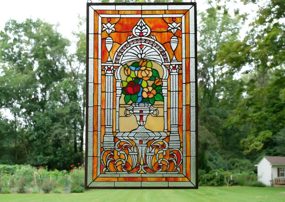 20.5" x 34.75" Flower in vase Tiffany Style stained glass Jeweled ...