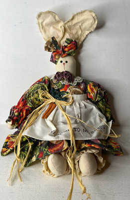 Primitive Country Rustic Shelf Sitter Rag Doll Bunny Rabbit Gardener ...