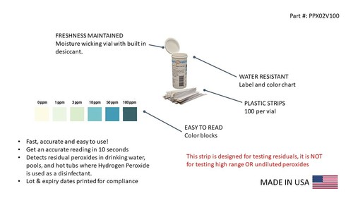 Hydrogen Peroxide H2O2 Test Strips, Low Level, 0-100 ppm [Vial of 100 ...