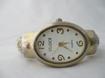 Studio Time Wristwatch Gold Tone & Ivory Floral Cuff Band Oval Shaped ...