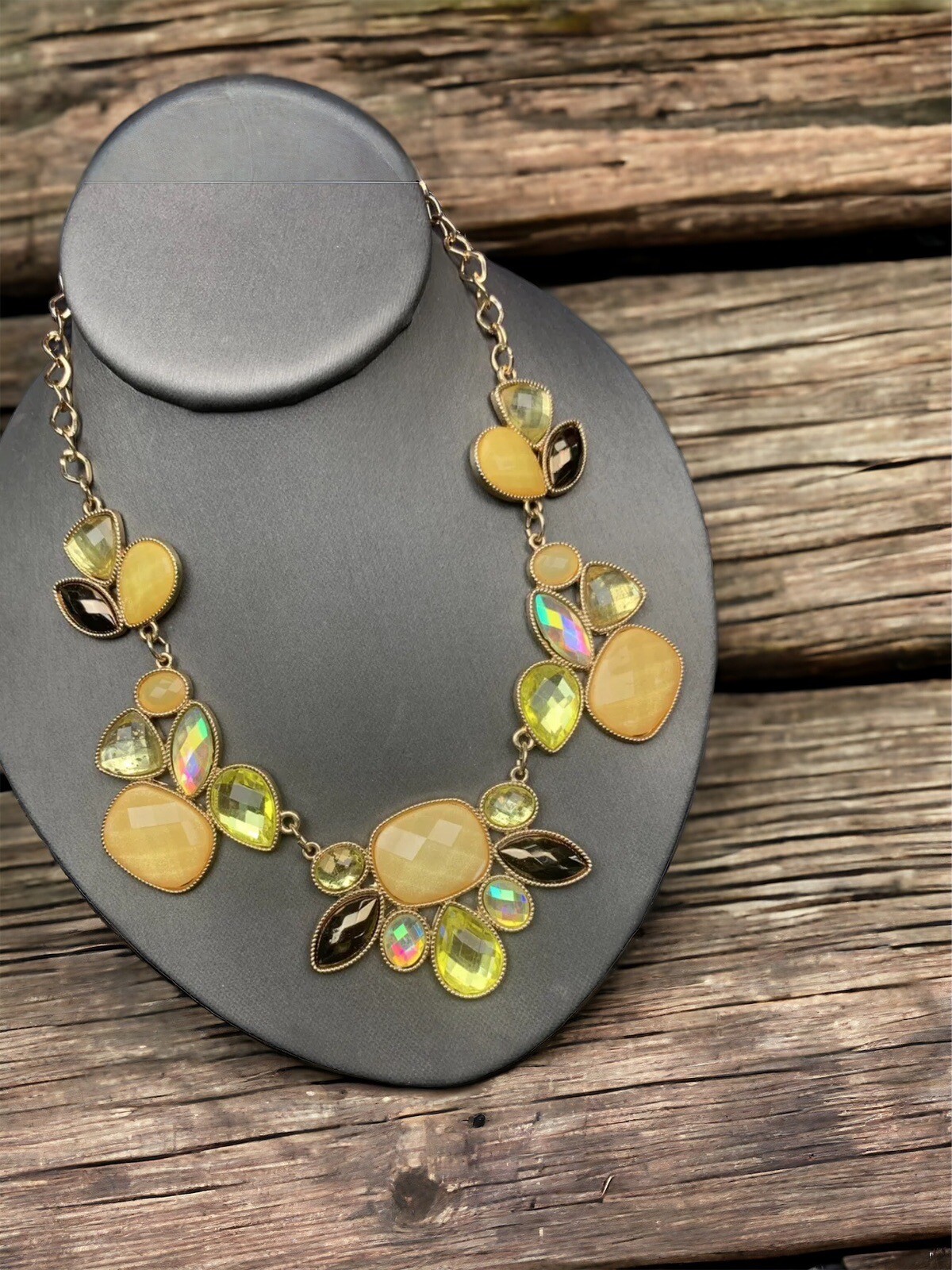 Vintage Bib Statement Sparkle Pink Yellow Brown Neckl… - Gem