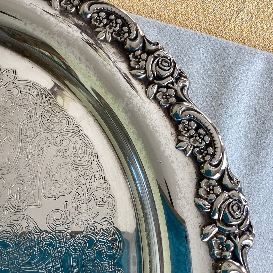 Oneida Round Embossed Floral Edge Silver Plate Tray 15" Roses Vintage ...