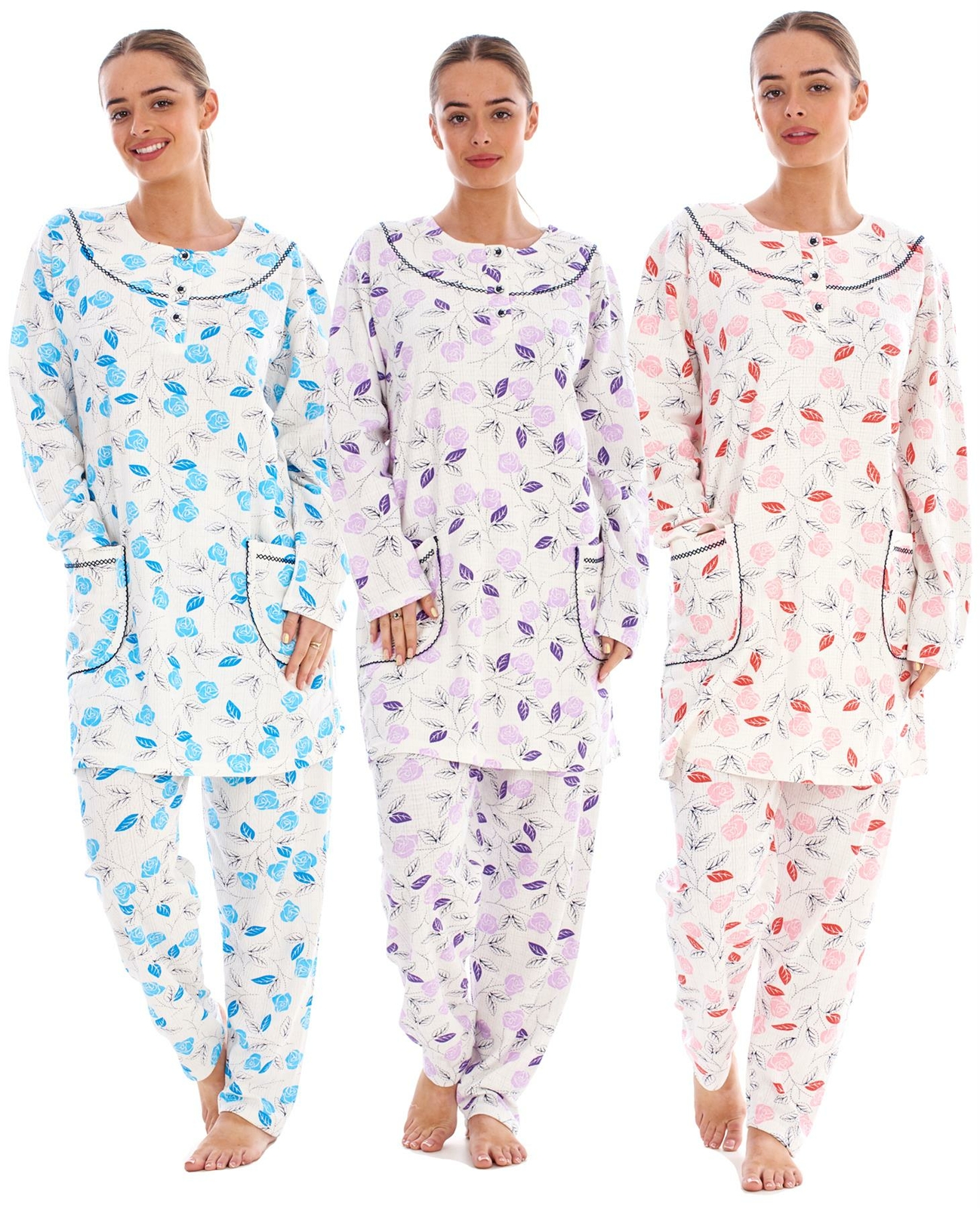 Ladies Pyjama Set Floral Long Sleeve Button Pockets Thermal Warm Soft ...