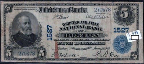 1902 $5 Webster & Atlas National Bank Boston Massachusetts Currency ...