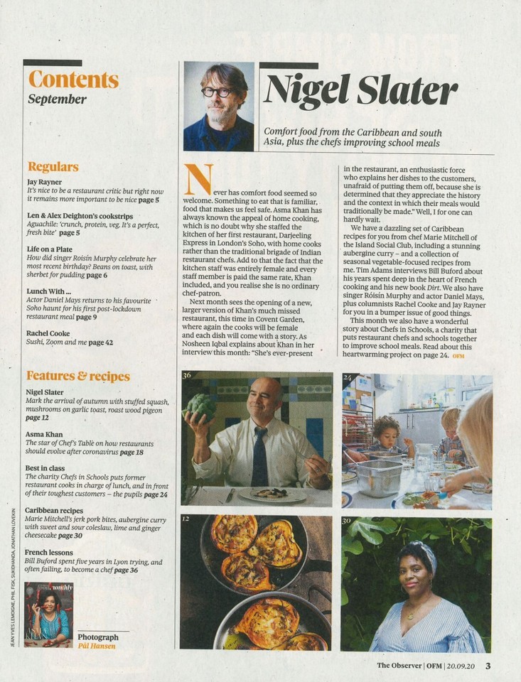 UK Observer Food Monthly Magazine Asma Khan, Daniel Mays, Nigel Slater ...