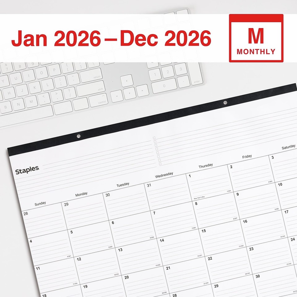 Staples 2026 Year 21.75" X 17" Monthly Desk Pad Calendar, White/Black ...