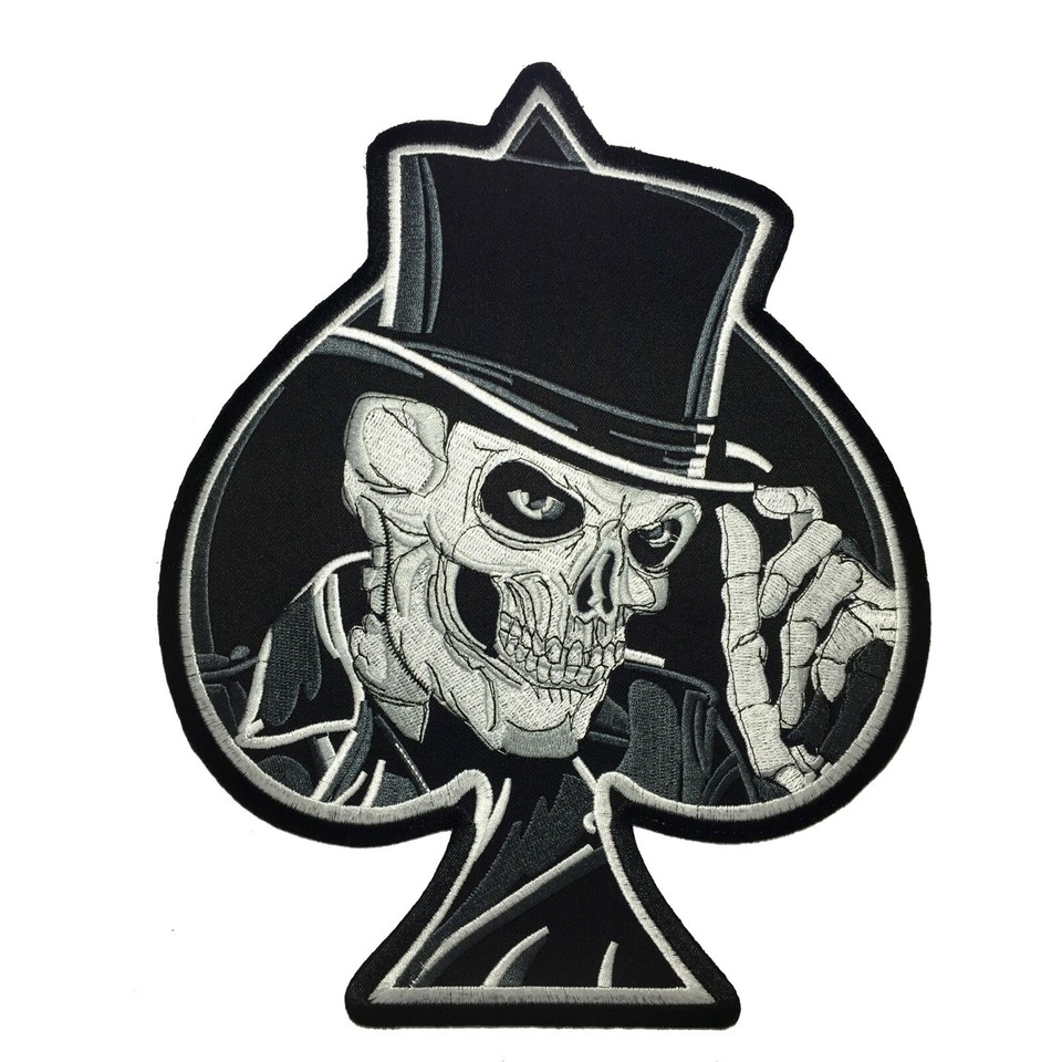 Black Spade Skull Devil Biker Motorcycle Iron on Embroidered Large Back ...