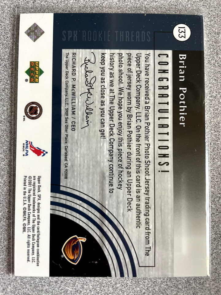 2001-02 SPx Brian Pothier Rookie Threads Away Game Jersey Card /800 | eBay