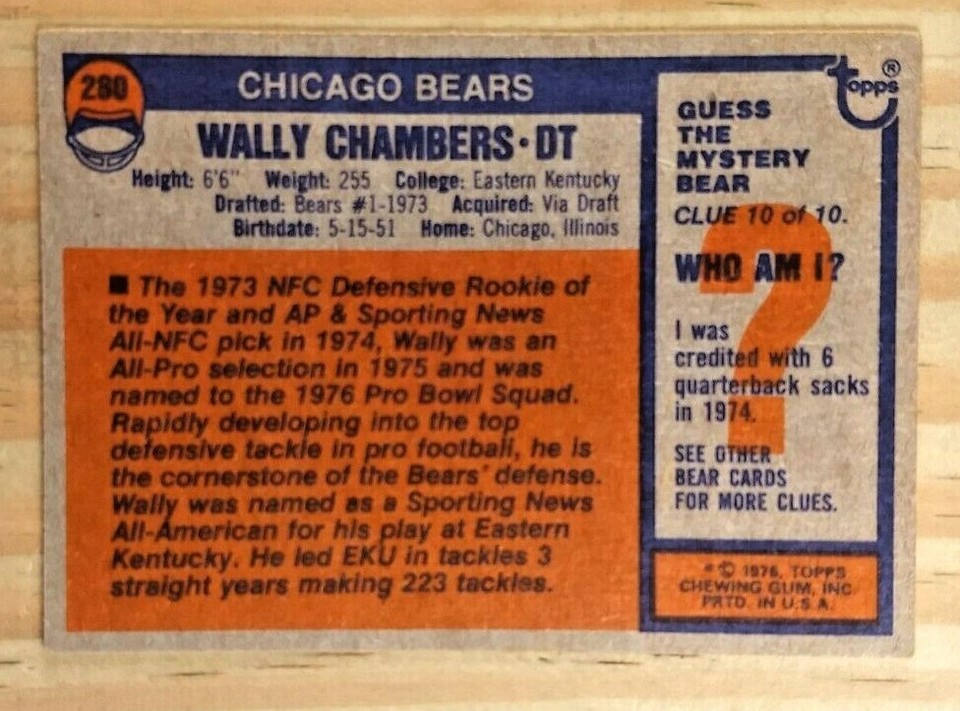 1976 TOPPS WALLY CHAMBERS CARD#280 CHICAGO BEARS TAMPA BAY BUCCANEERS E ...