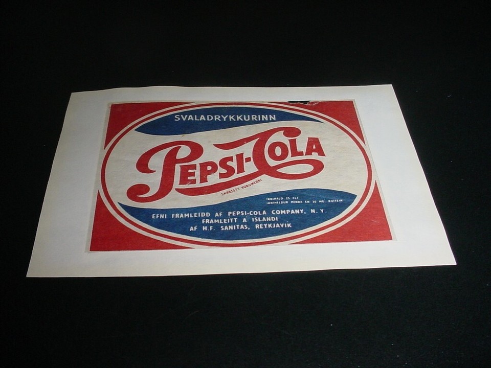 Vintage Pepsi-Cola bottle Paper LABEL Sanitas Factory Reykjavik Iceland ...