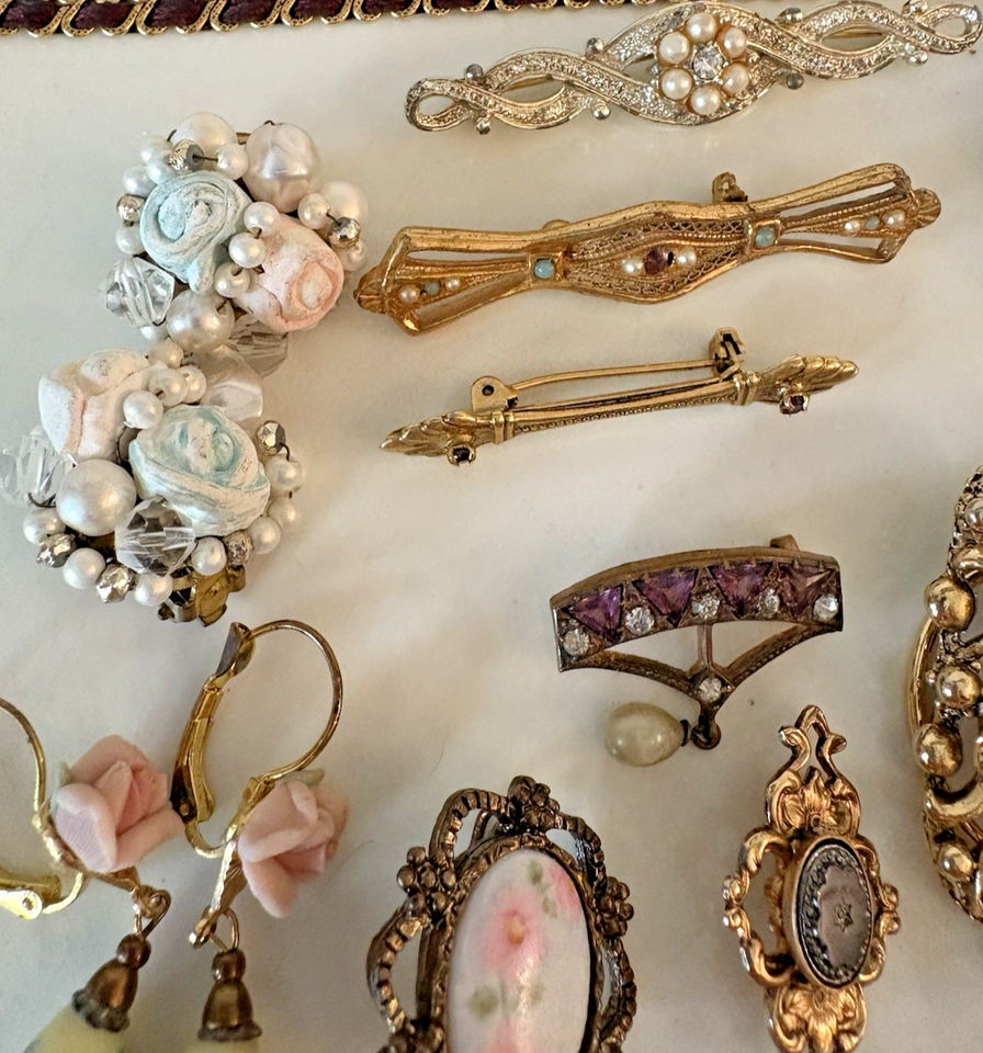 Grandma's Vintage Jewelry Lot Pink ROSES Ornate Gold Tone Porcelain ...