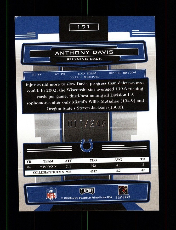 2005 PLAYOFF ABSOLUTE #191 ANTHONY DAVIS ROOKIE RC AUTO SPECTRUM /249 ...