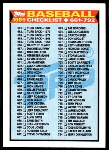1989 Topps #782 UNMARKED Checklist for cards 661-792 FREE shipping | eBay