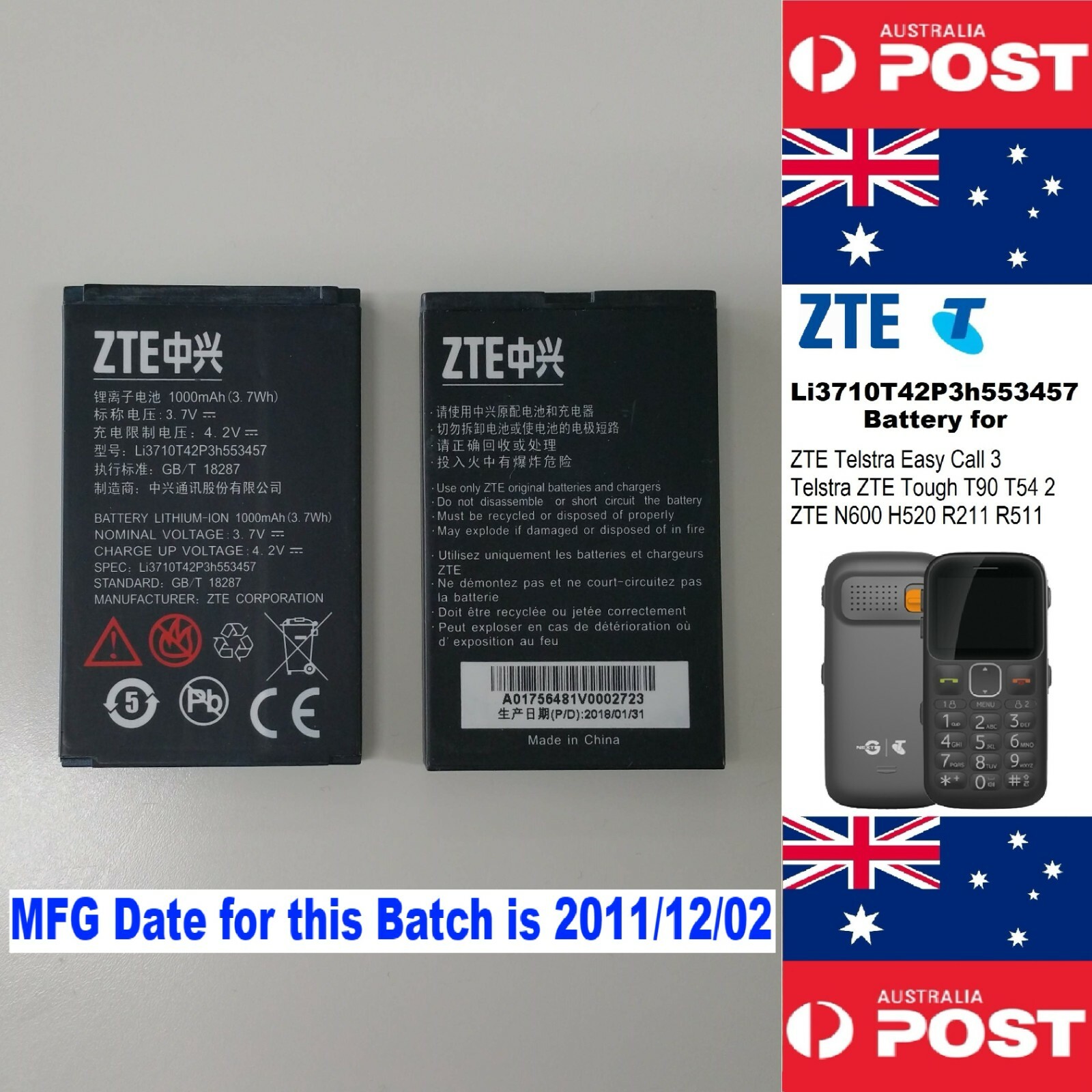 GENUINE ZTE Telstra Easy Call 3 Battery Li3710T42P3h553457 1000mAh ...