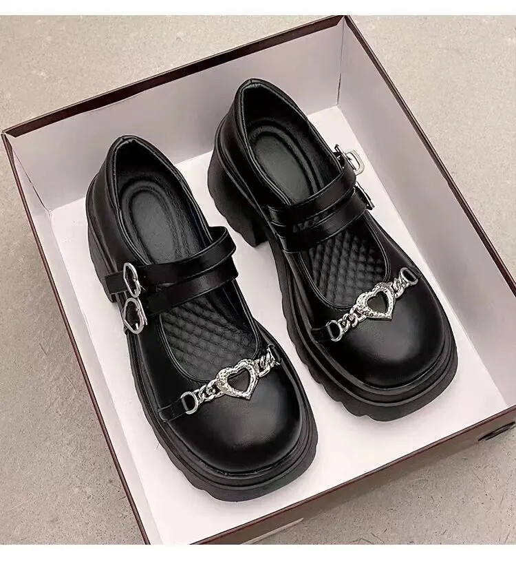 Women Heart-Shaped Buckle Mary Janes Shoes Patent Leather Platform ...
