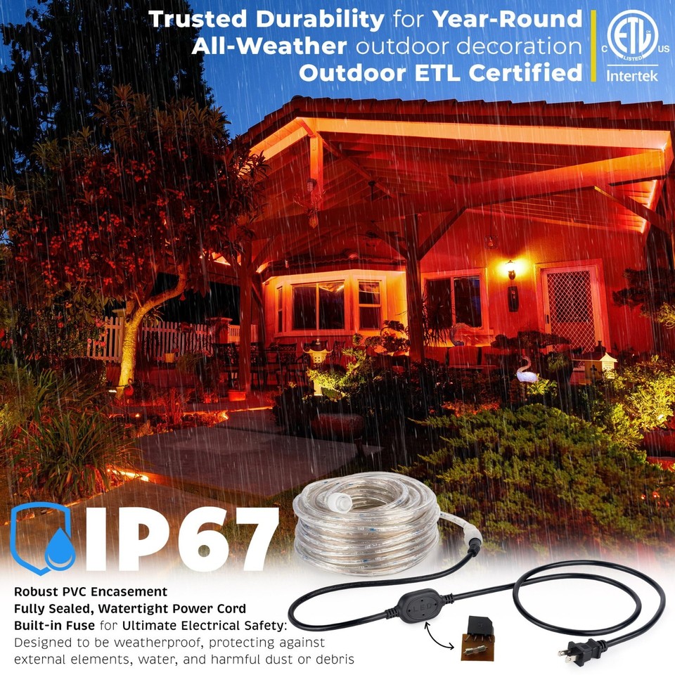 10' 20' 25' 50' 100' 150ft Outdoor LED Rope Light Water-Resistant ...