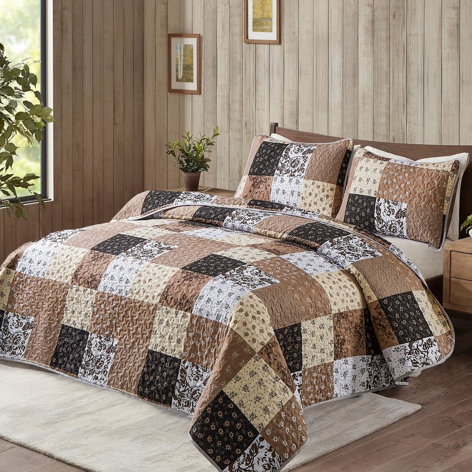 Patchwork Quilt Set Queen Size3 Pieces Brown Floral Plaid Patchwork ...