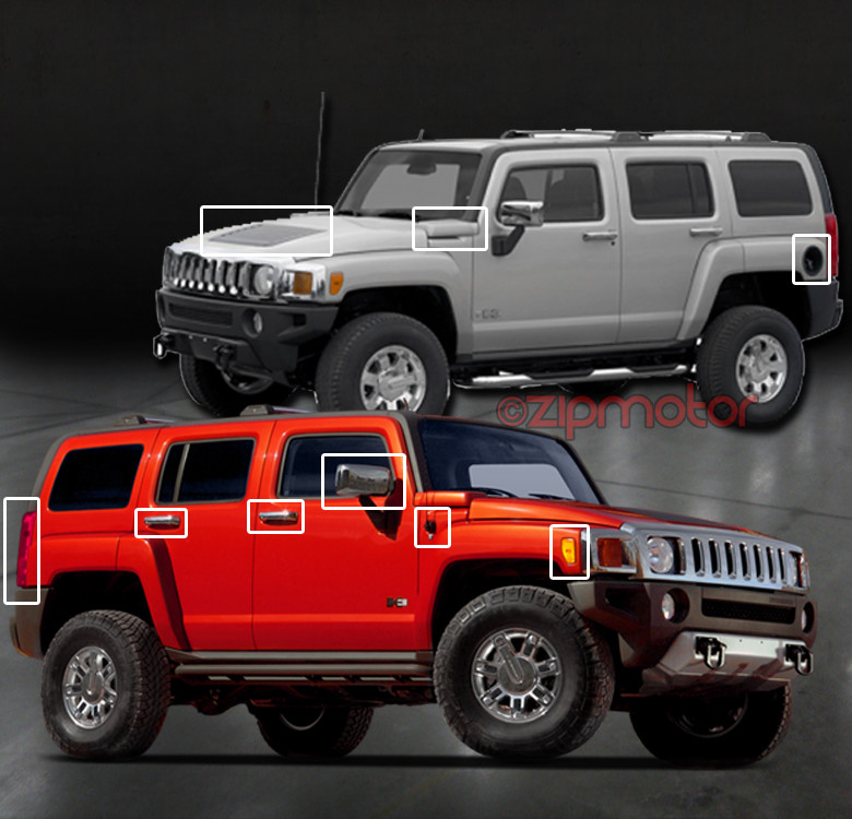 06-10 HUMMER H3 CHROME COVER TRIM 24PCS COMBO SIDE MIRROR HOOD DECK ...