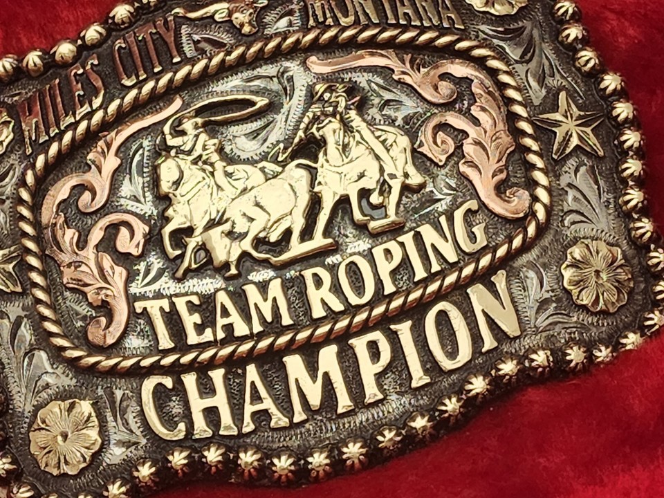 MONTANA PRO RODEO TEAM ROPING CHAMPION TROPHY BUCKLE☆MILES CITY☆RARE ...