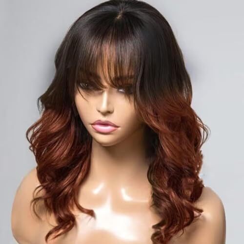 1b30 Ombre Brown Layered Cut Wavy Human Hair Wig With Bangs 13X6 HD ...