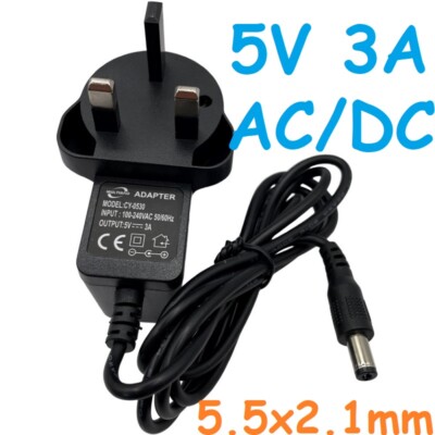 5V 3A AC/DC Power Supply adapter UK plug Converter Charger 5.5x2.1mm ...