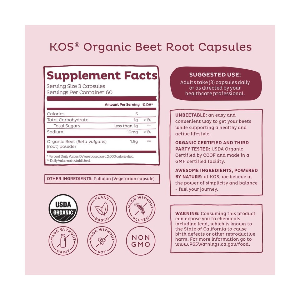 KOS Organic Beetroot Capsules 1500mg - USDA Organic, Antioxidant Po ...