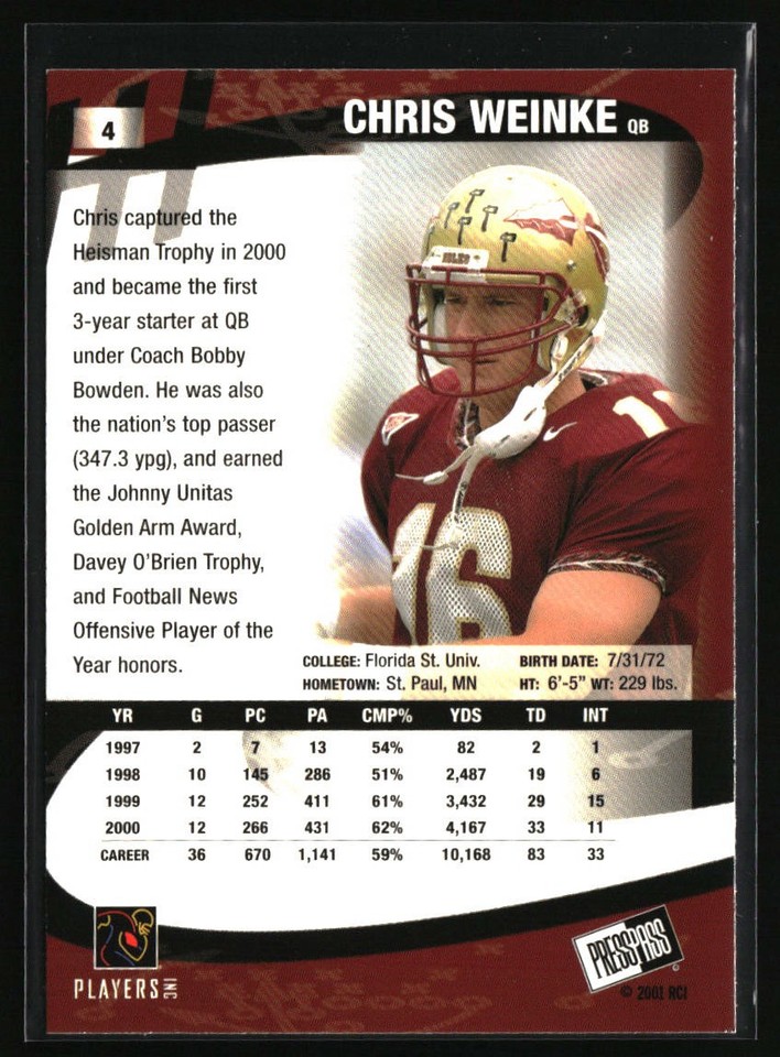 2001 Press Pass #4 Chris Weinke | eBay UK