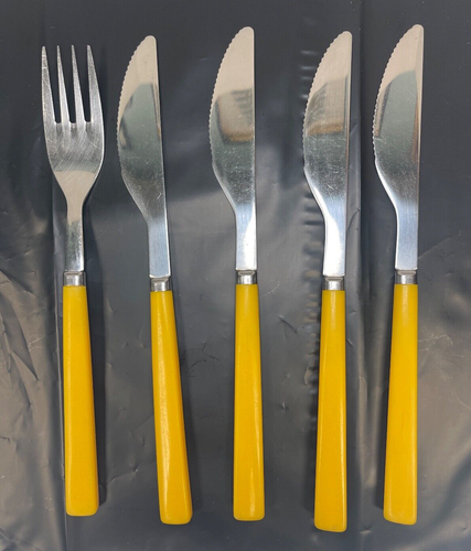 Vintage Stainless Steel Flatware Yellow Plastic Handles 5 PCs Japan MCM ...