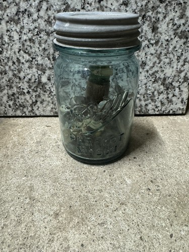 Blue Ball Glass Canning Jar VTG + Buttons Ball Zinc Porcelain Lid ...