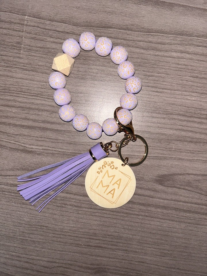 Wooden Beaded Key Ring Bracelet Elastic Beadable Keychain Bracelet ...