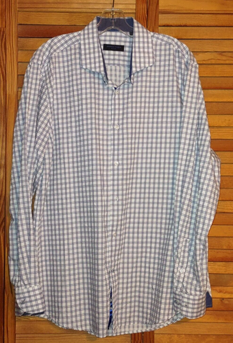 ANDREW FEZZA MEN’S DRESS SHIRT XL (17-17.5) BLUE WHITE CHECKS SLIM FIT ...
