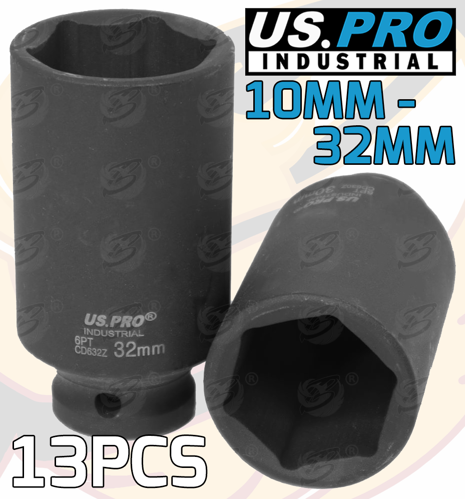 US PRO DEEP IMPACT SOCKET Set 1/2"Dr 18pc 10mm - 32mm 6pt Hex Long ...