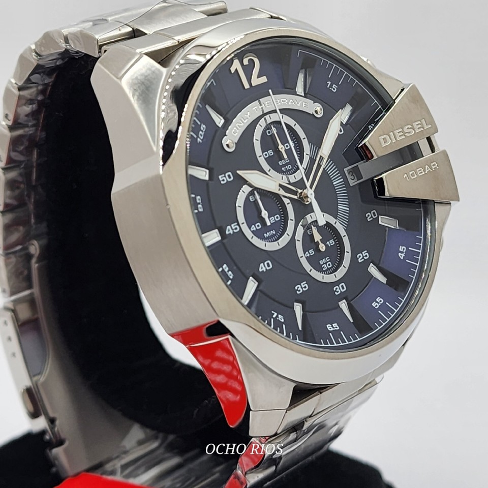 DIESEL MEGA CHIEF MEN'S WATCH SILVER TONE STAINLESS CHRONOGRAPH BLUE ...