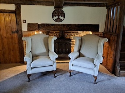 Pair Of Large Wingback Upholstered Fireside Arm Chairs With Solid Wood ...