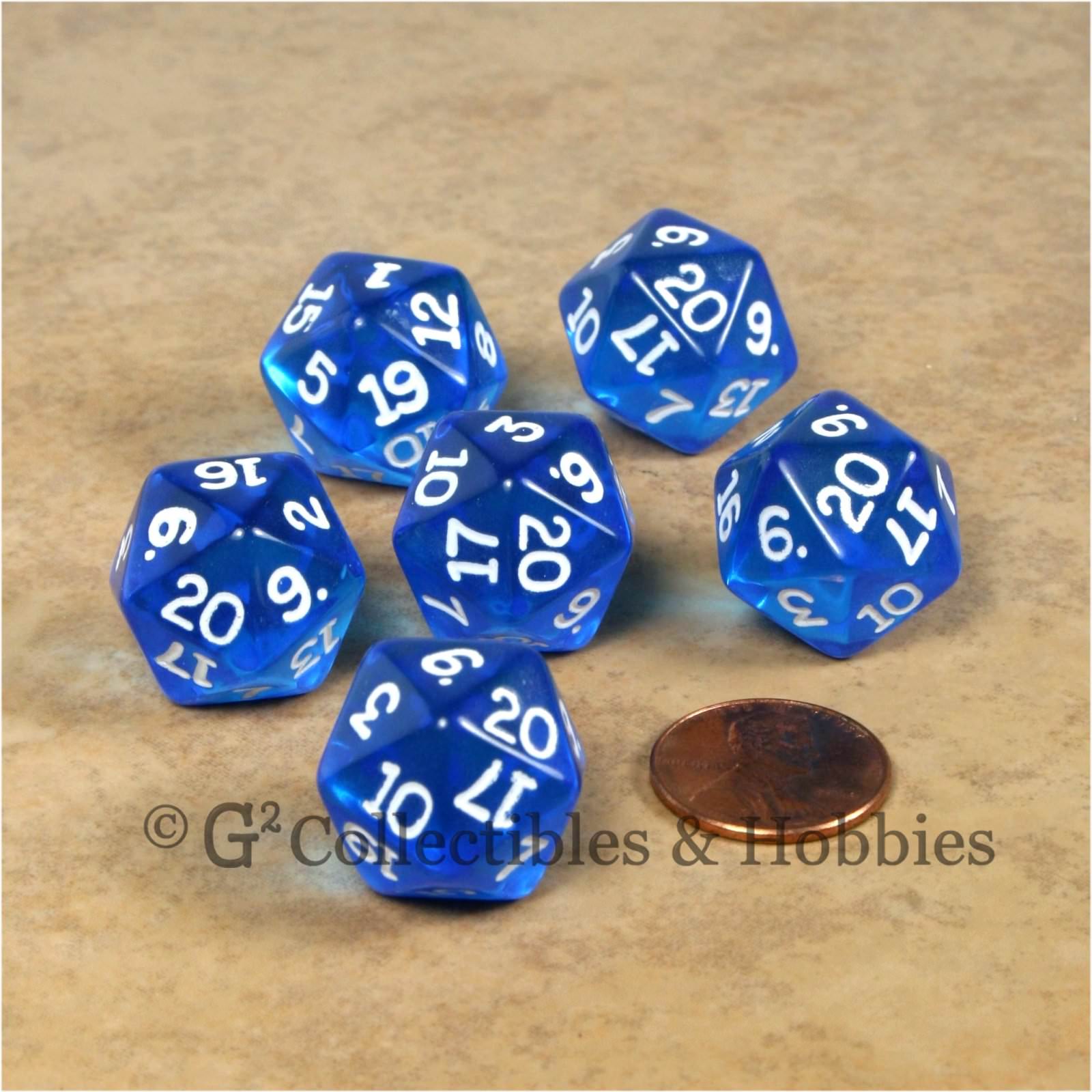 NEW Set of 6 Transparent Blue D20 Dice RPG D&D Gaming Twenty Sided ...