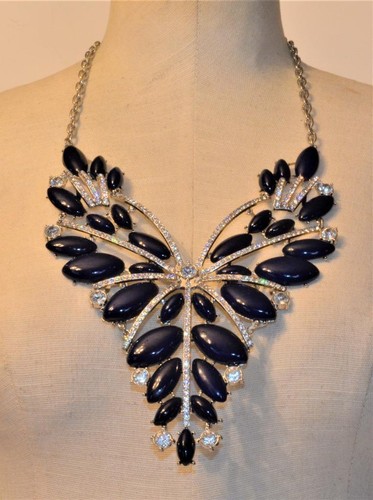 NWT Silvertone Black Oval Shape Beads Clear Rhinestones 18" Collar ...