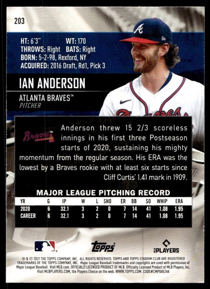 2021 Stadium Club Ian Anderson Rookie Atlanta Braves #203 | eBay