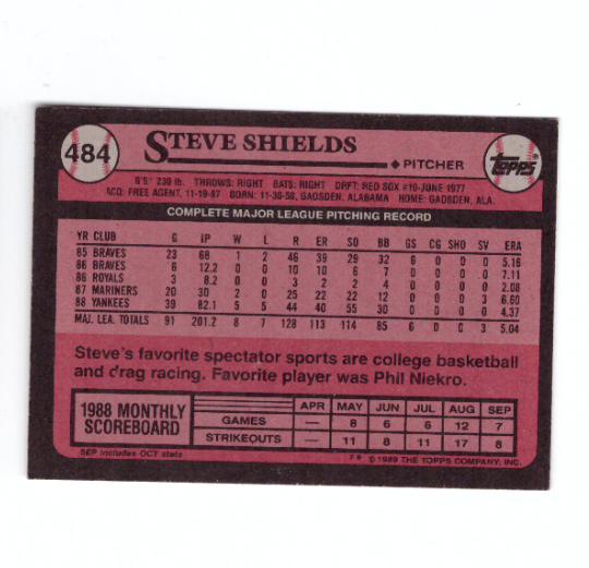 1989 Topps Baseball card #464 Steve Shields Yankees | eBay