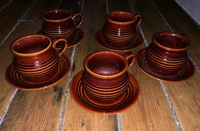 Vintage Denmead Pottery Treacle Glazed Ribbed Tea/Coffee Cups & Saucers ...